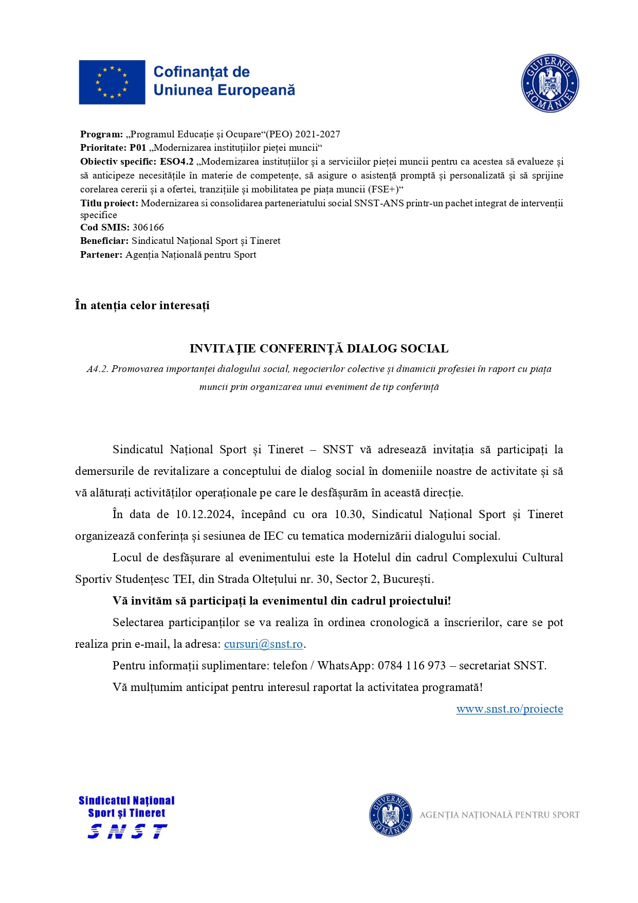 CONFERINŢĂ DIALOG SOCIAL | Sindicatul Național Sport și Tineret